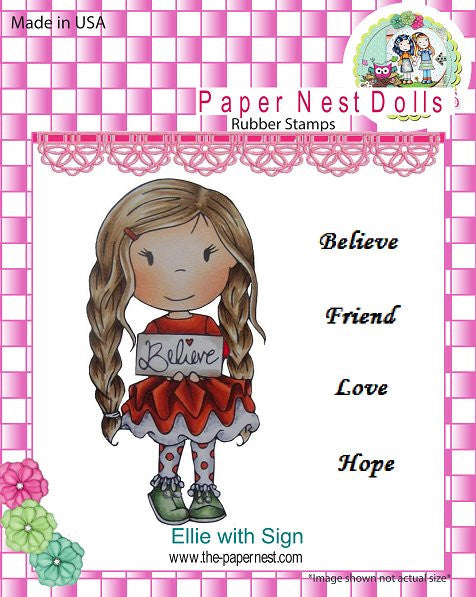Paper Nest Dolls "Ellie With Sign" Rubber Stamp – Quick Creations